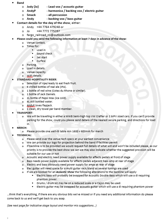Band tech spec – The Fargo Railroad Co.